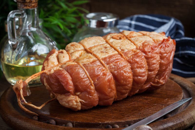 Freshly smoked ham. stock photo. Image of butcher, wooden - 90112464