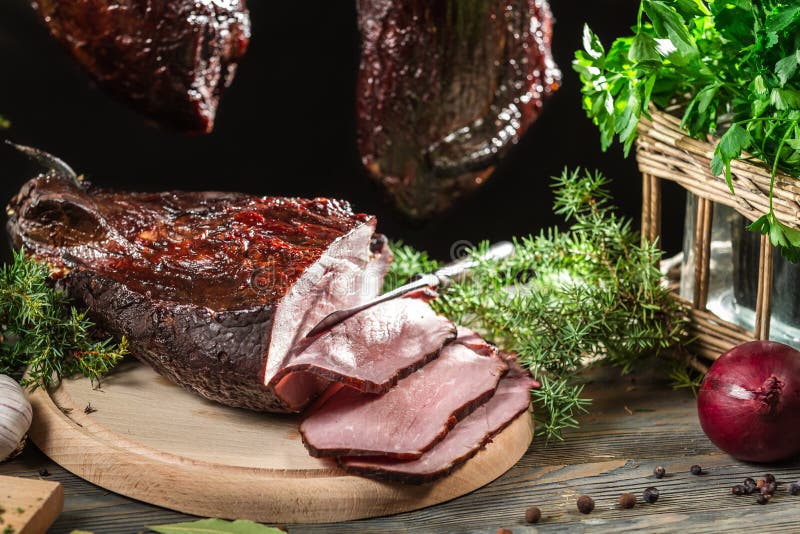 Freshly Smoked Ham in a Rural Pantry Stock Photo - Image of abundance ...