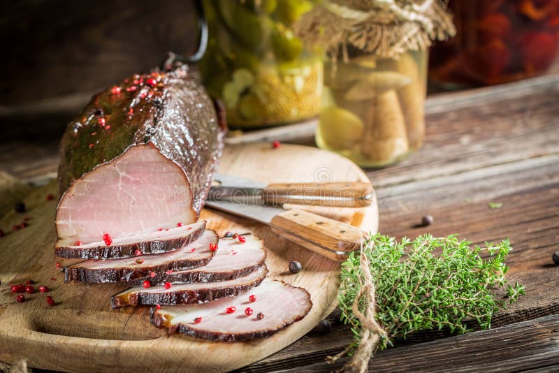 Freshly Smoked Ham in a Rural Pantry Stock Image - Image of marjoram ...