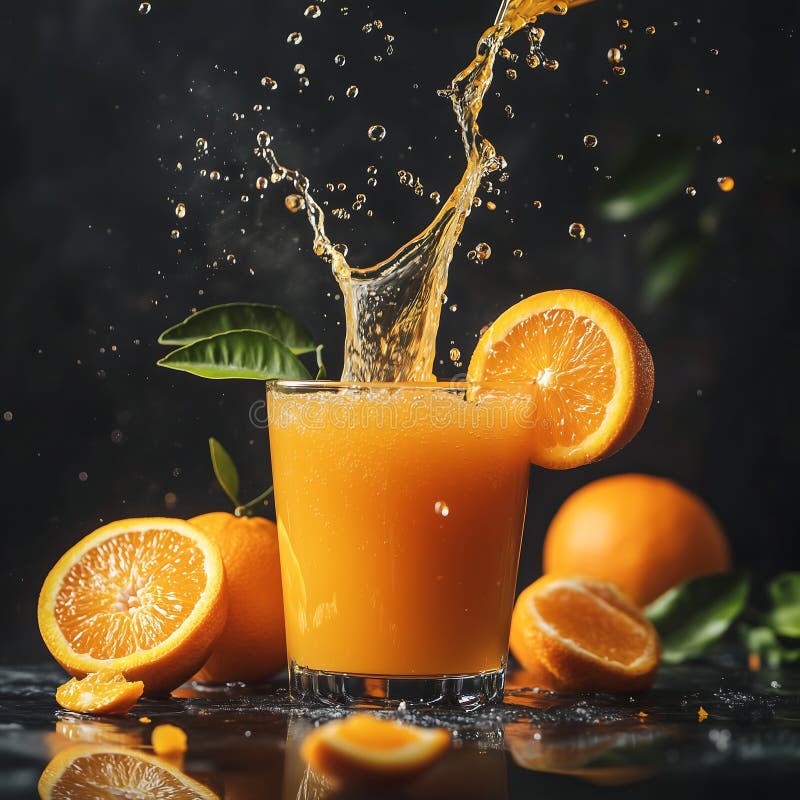 Freshly Squeezed Orange Juice Splash with Whole and Sliced Oranges ...