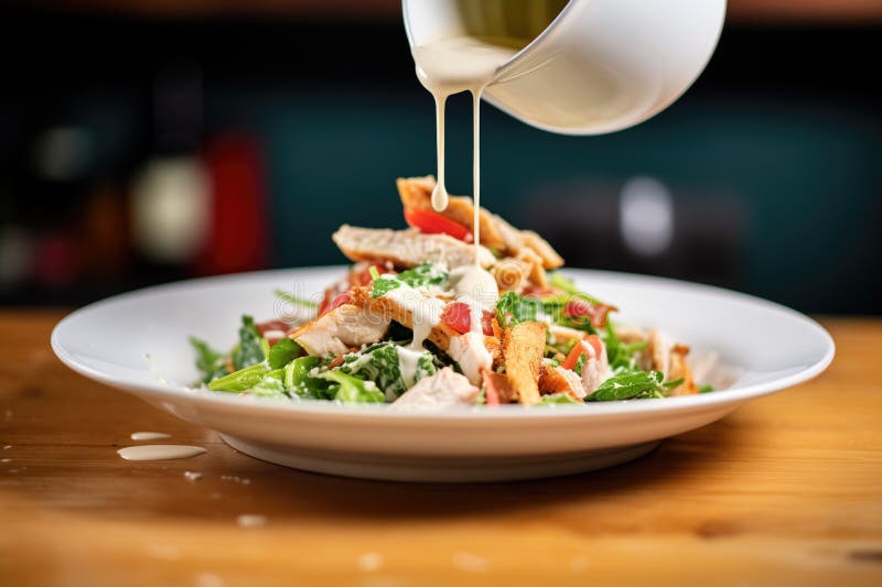 Freshly Tossed Chicken Caesar Salad with Creamy Dressing Pouring Over ...
