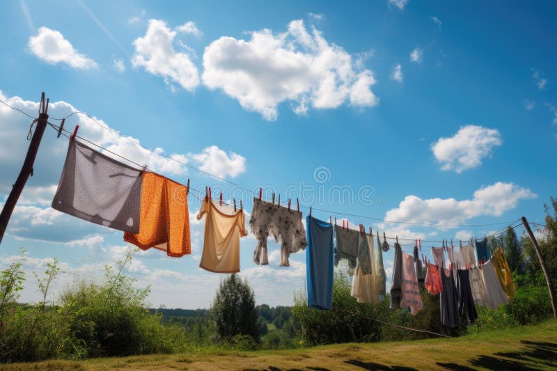 Freshly Washed Clothes Hanging on Line, with Clear Blue Sky and Fluffy ...