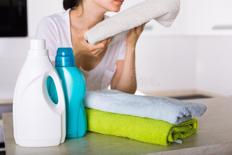 Freshly washed laundry stock image. Image of hands, smelling - 93779455