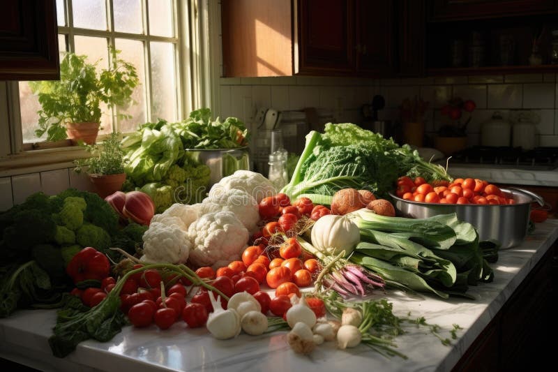 Freshly Washed Vegetables Spread Out on Kitchen Counter Stock Image ...