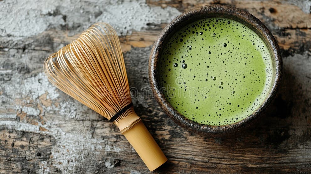 Freshly Whisked Matcha in Bowl with Bamboo Whisk on Rustic Surface ...
