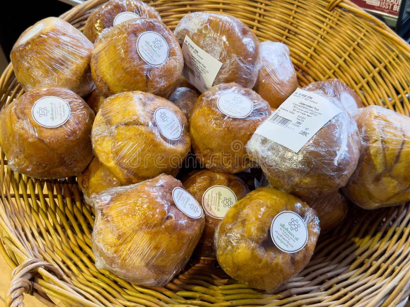 Freshly Wrapped Muffins in Wicker Basket at Bakery Display Shelf ...