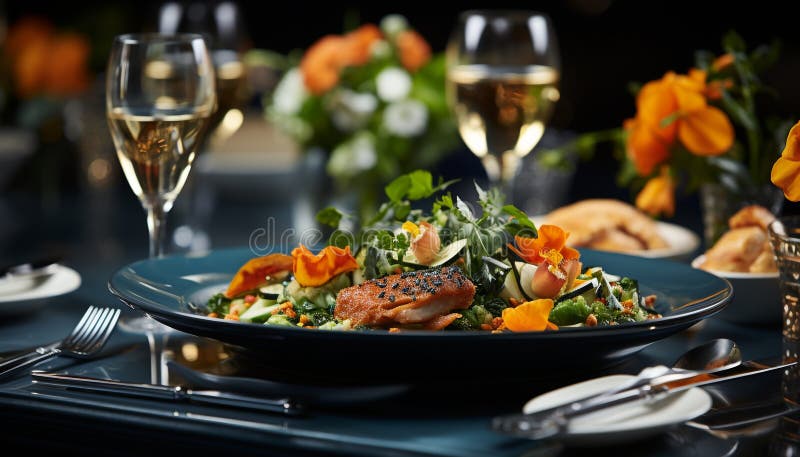 Freshness and Elegance on the Table Gourmet Meal, Wineglass, Seafood ...