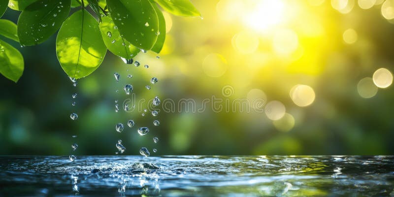 Freshness. Falling Water Drops from Green Leaves with Bright Light and ...