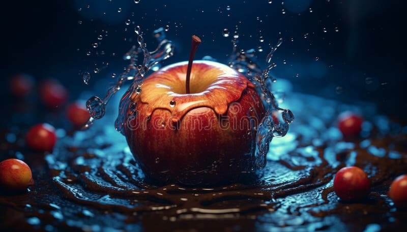 Freshness of Fruit, Wet Apple Drops on Blue Generated by AI Stock Photo ...