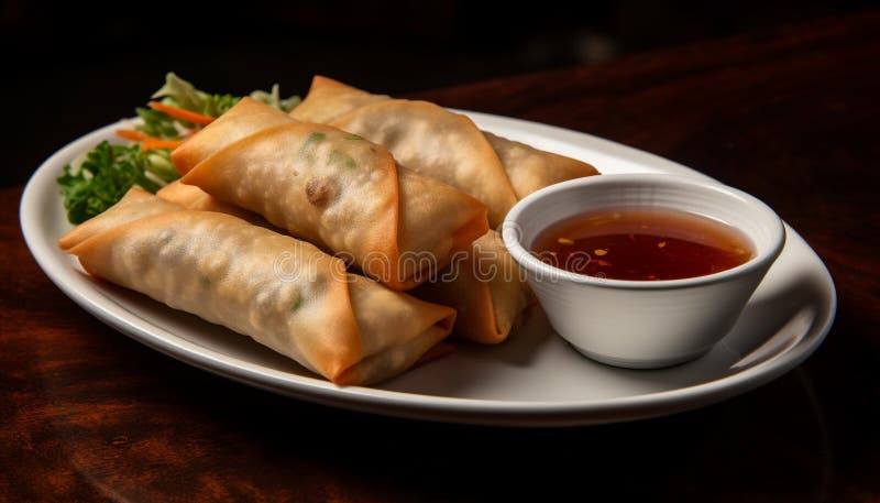 Freshness and Gourmet Rolled Up in a Plate of Spring Rolls Generated by ...