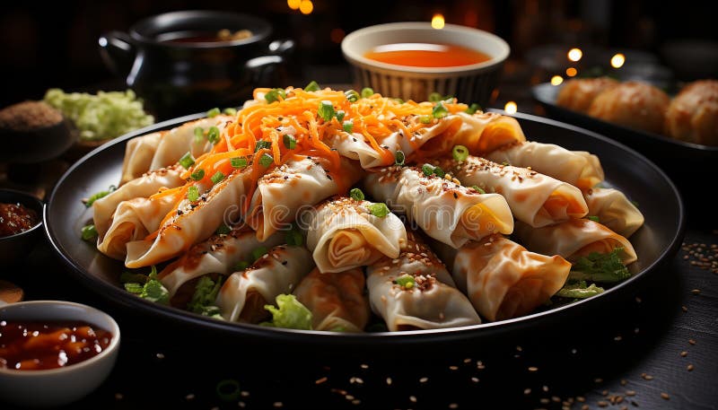 Freshness and Gourmet Rolled Up Spring Roll Appetizer on Plate ...