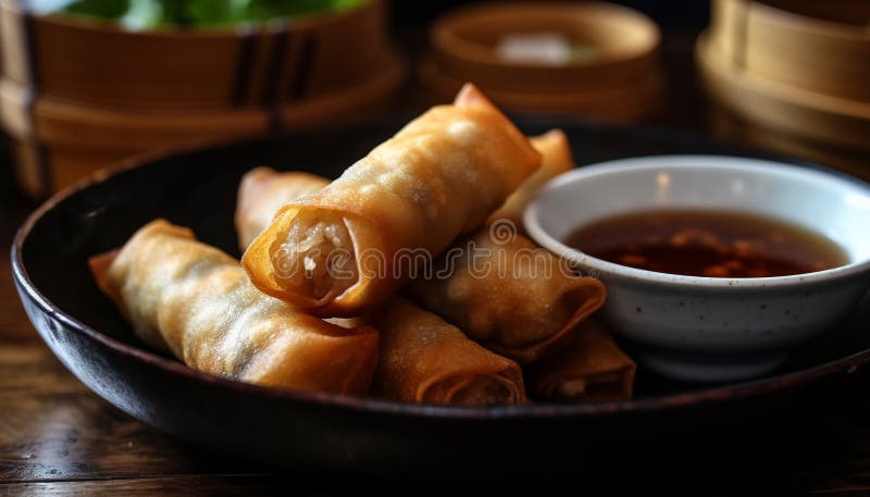 Freshness of Homemade Spring Rolls, a Gourmet Appetizer on Crockery ...