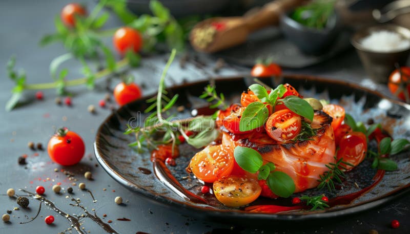 Freshness and Indulgence on a Plate, Gourmet Meal Stock Illustration ...