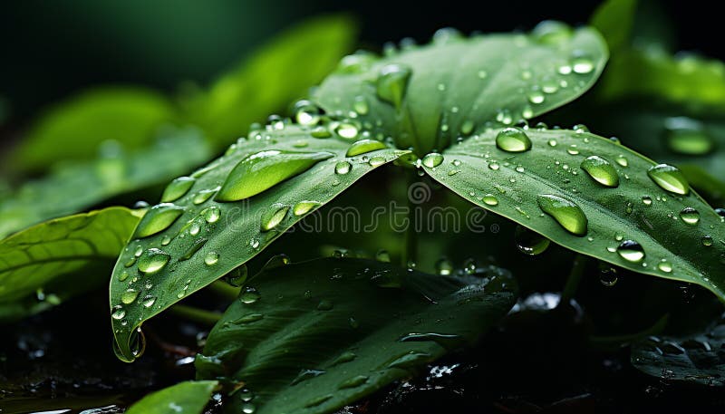 Freshness of Nature in a Close Up Wet Leaf, Green Drop Generated by AI ...