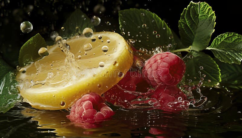 Freshness in Nature Wet Lemon Slice, Raspberry Drop, Citrus Drink Stock ... Freshness in Nature Wet Lemon Slice, Raspberry Drop, Citrus Drink Stock ...