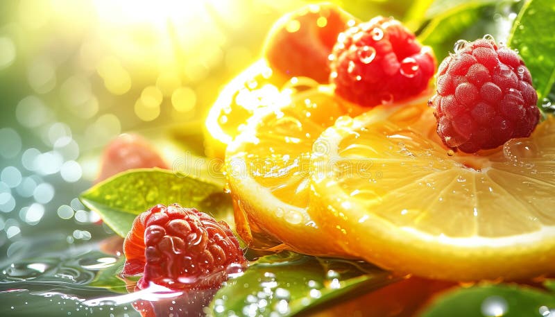 Freshness in Nature Wet Lemon Slice, Raspberry Drop, Citrus Drink Stock ... Freshness in Nature Wet Lemon Slice, Raspberry Drop, Citrus Drink Stock ...