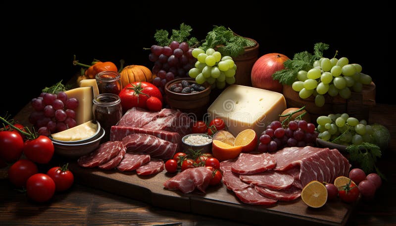 Freshness on a Rustic Table Meat, Fruit, and Bread Generated by AI ...