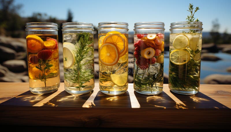 Freshness of Summer Fruit on Table, Ice, Lemon, and Water Generated by ...