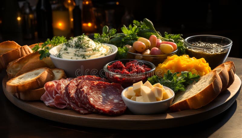 Freshness and Variety on a Rustic Wooden Table Gourmet Buffet Generated ...