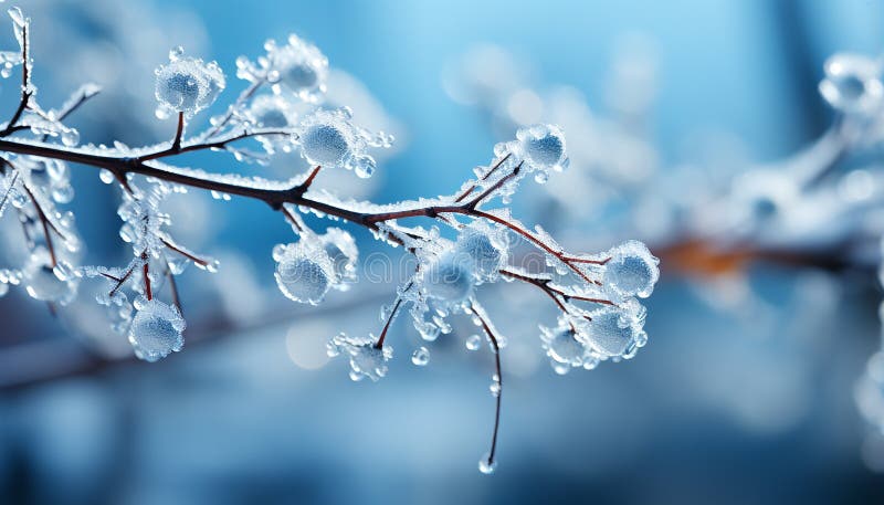 Freshness of Winter Blue Branch, Close Up of Ice on Leaf Generated by ...