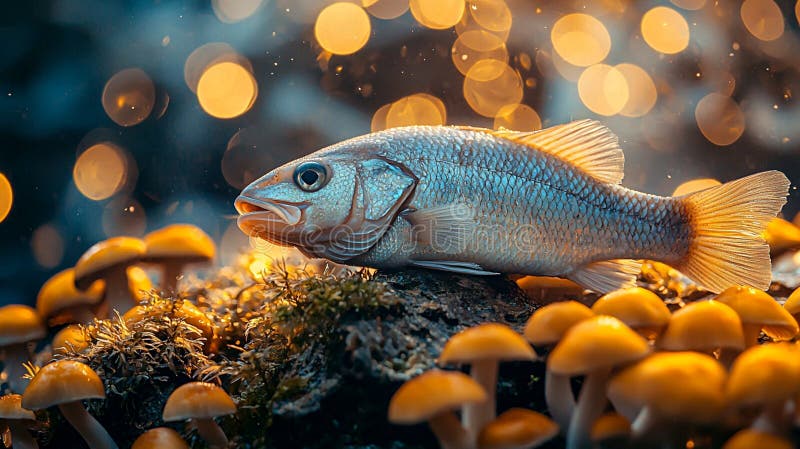 Freshwater Fish Resting on a Bed of Golden Mushrooms on White ...