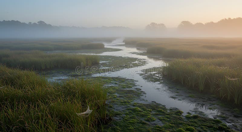 Freshwater Marsh of East Java Veiled in Dawn Mist and Drifting Breeze ...