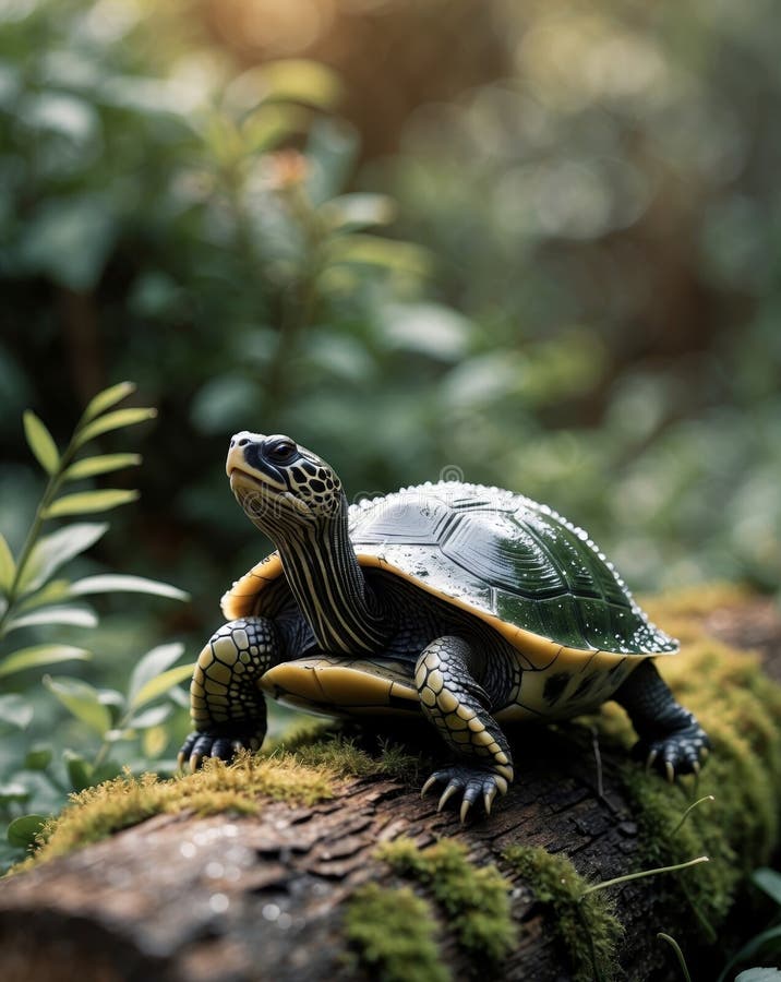 Freshwater Turtle Basking on Mossy Log in Nature Stock Image - Image of ...
