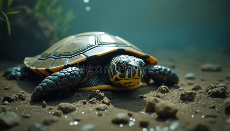 Freshwater Turtle Resting on Sandy Riverbed in Underwater Environment ...
