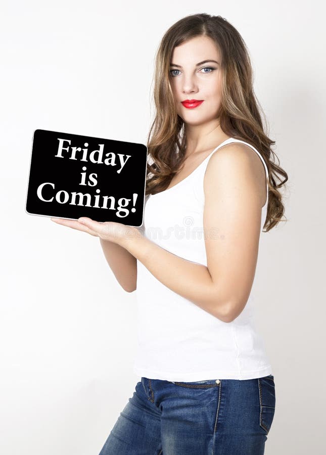 Friday is Coming Written on Virtual Screen. Technology, Internet and ...