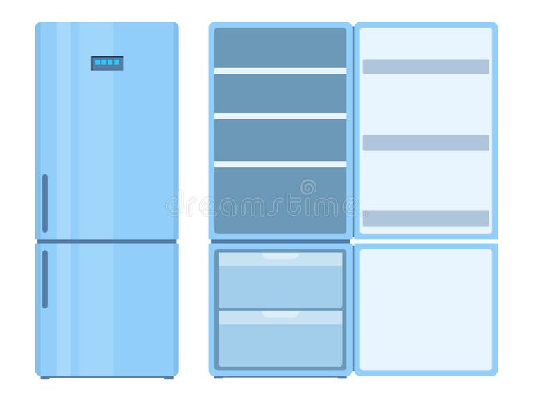 Fridge. Closed and Open Empty Refrigerator. Blue Fridge for Food ...