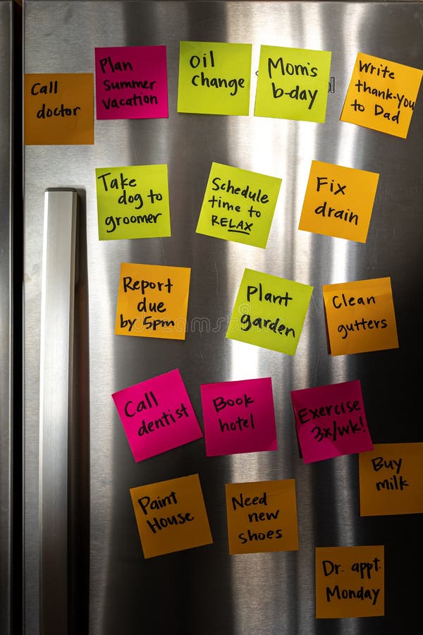 Fridge Door Full of Reminder Notes with Schedule Time To Relax Memo ...
