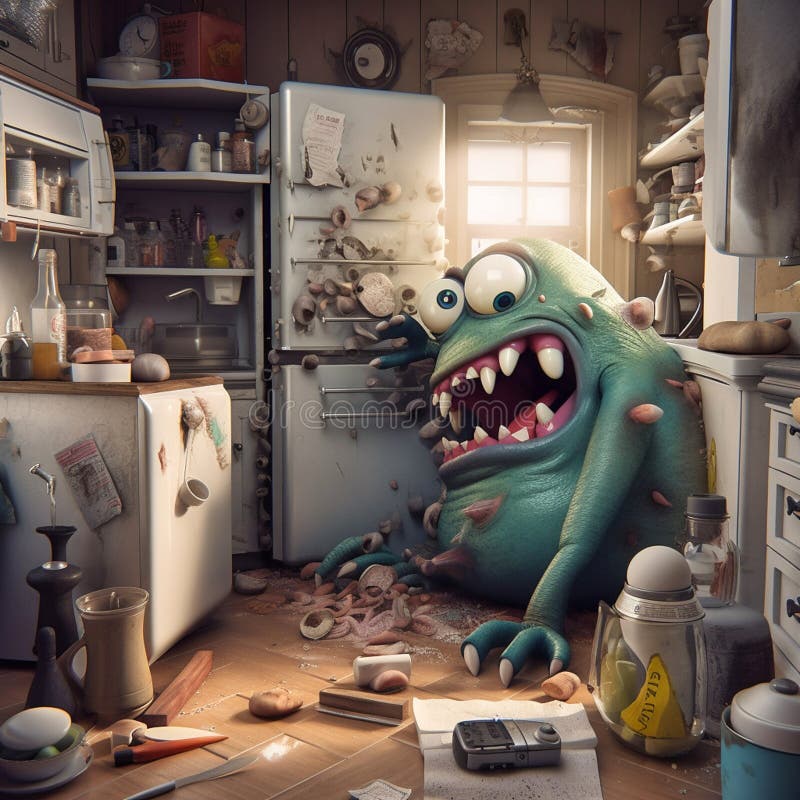 The Fridge Monster Strikes a Kitchen Filled with, Generative AI Stock ...
