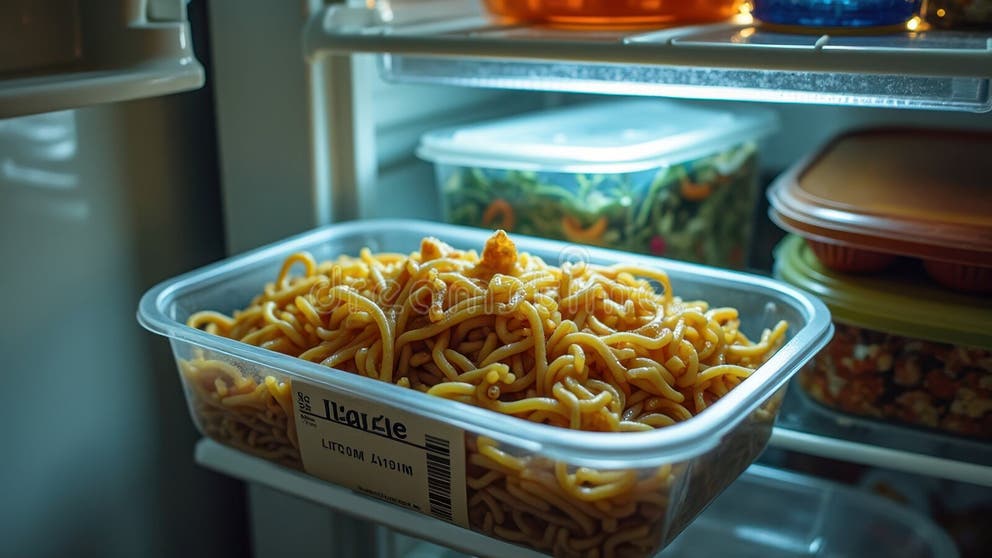 Fridge Storage with Spaghetti in Plastic Container and Fresh Salad ...