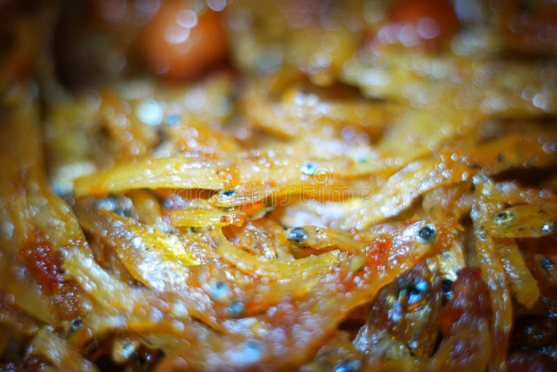 Fried Anchovy Fish with Peanuts and Chilli Stock Photo - Image of food ...