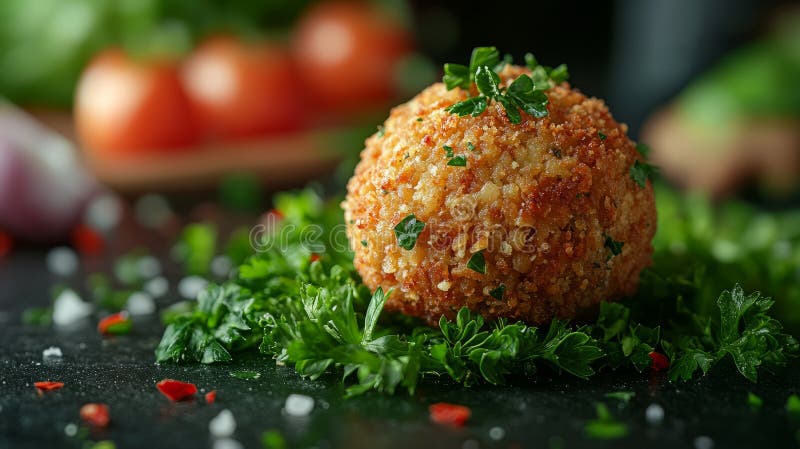 Fried Arancini on Herbs with Blurred Tomatoes Behind. Stock Photo ...
