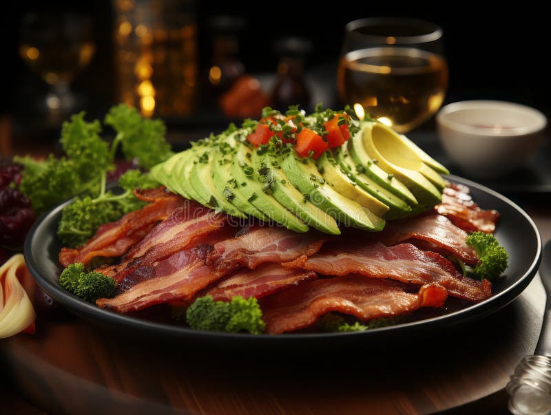 Fried Bacon with Avocado and Herbs, Keto Diet. AI Generated Stock ...