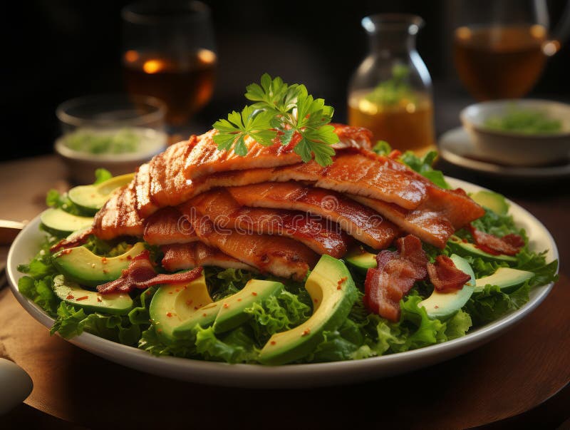 Fried Bacon with Avocado and Herbs, Keto Diet. AI Generated Stock ...