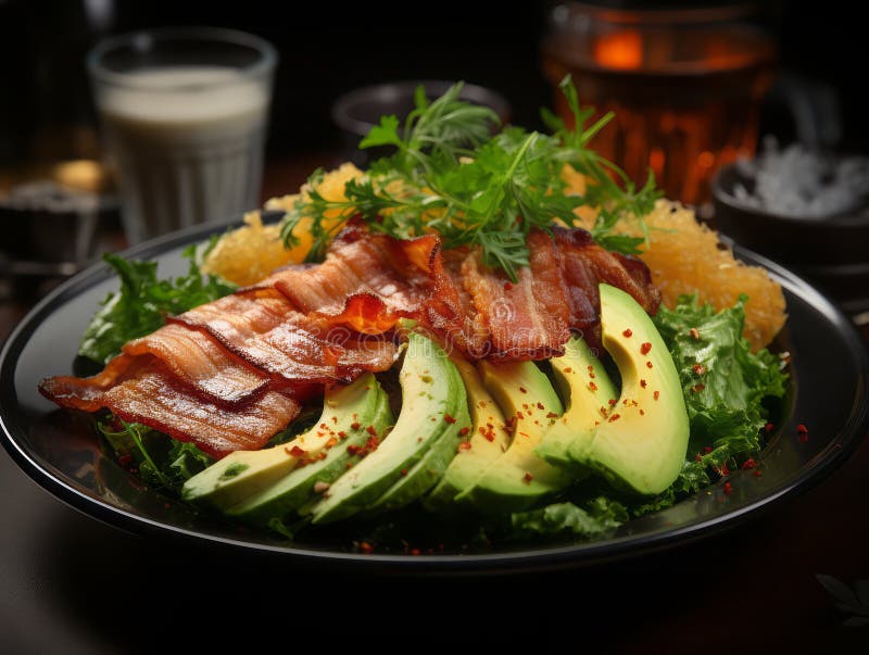 Fried Bacon with Avocado and Herbs, Keto Diet. AI Generated Stock ...