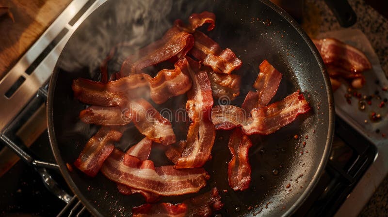 Fried bacon in a pan. stock image. Image of cooked, sizzling - 353025745