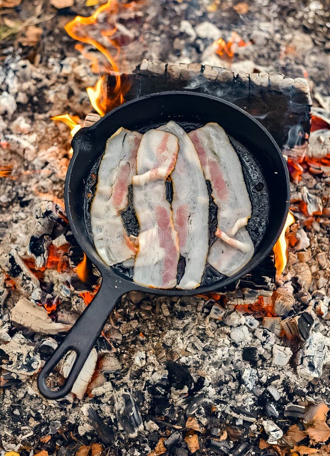 Fried Bacon in a Pan Over a Campfire in the Forest Stock Image - Image ...