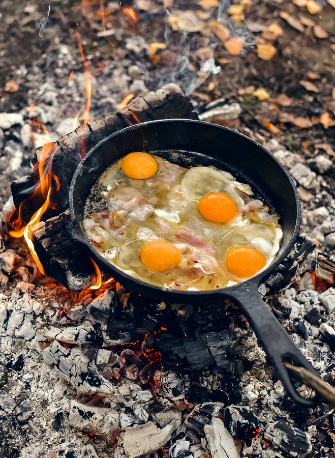Fried Bacon in a Pan Over a Campfire in the Forest Stock Photo - Image ...