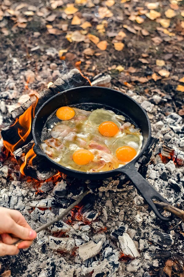 Fried Bacon in a Pan Over a Campfire in the Forest Stock Image - Image ...