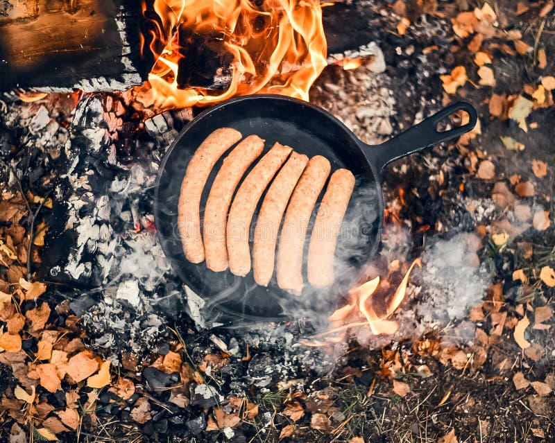 Fried Bacon in a Pan Over a Campfire in the Forest Stock Image - Image ...