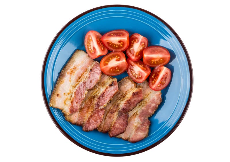 Fried Bacon with Pieces of Tomatoes in Blue Plate Stock Photo - Image ...
