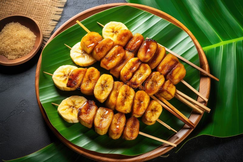 Fried Banana on Banana Leaf Plate Stock Illustration - Illustration of ...
