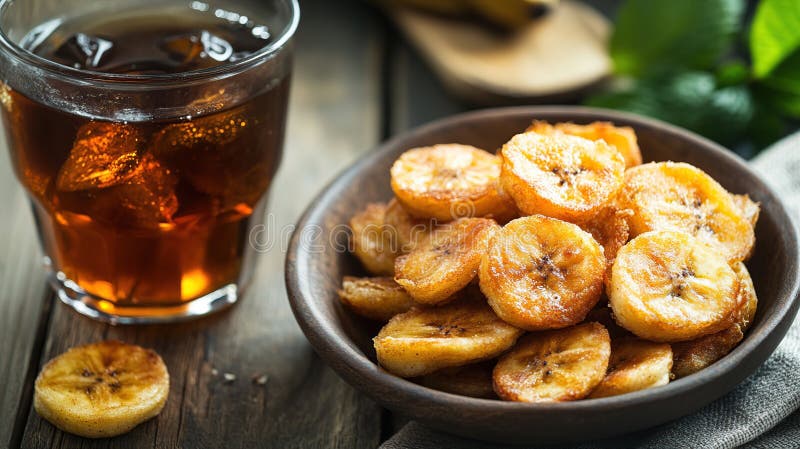 Fried Banana Slices in a Bowl with Iced Tea Stock Photo - Image of ...