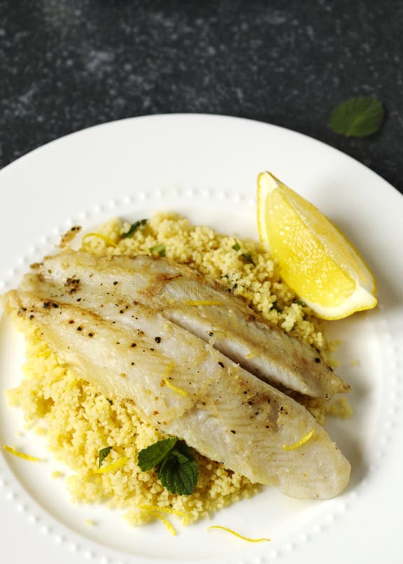 Fried Basa Fillet with Lemon Couscous Stock Image - Image of dinner ...