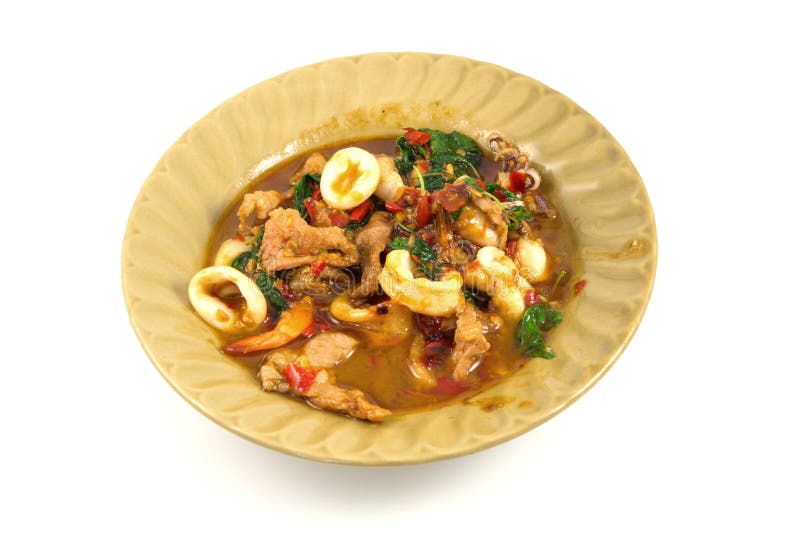 Fried Basil Leave with Pork, Squid, Shrim, Innards, Combination Stock ...