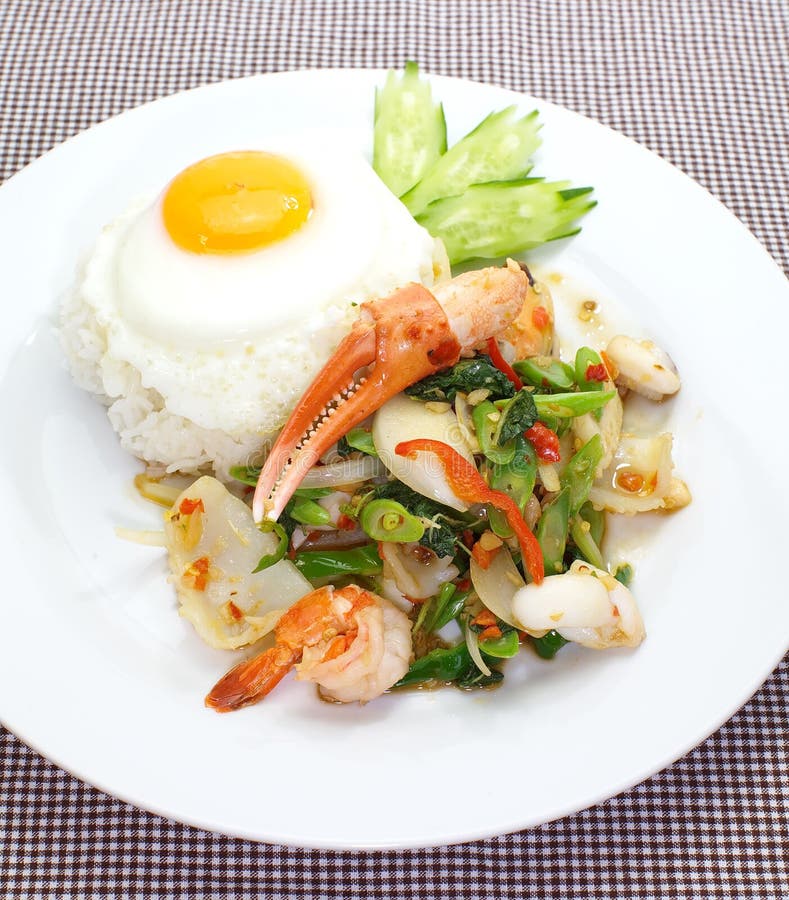 Fried Basil Leave with Seafood Stock Image - Image of rice, squid: 37568239