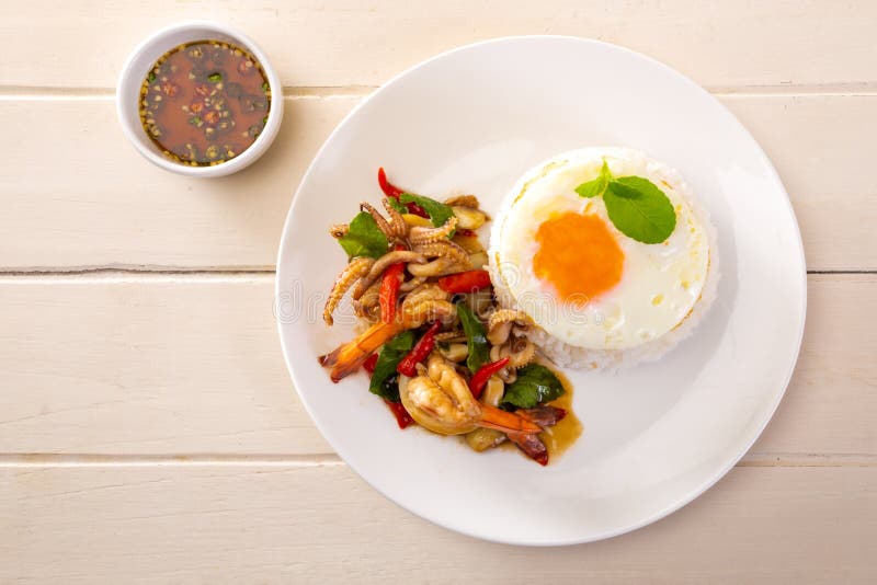 Fried Basil with Seafood stock photo. Image of cook - 244099988